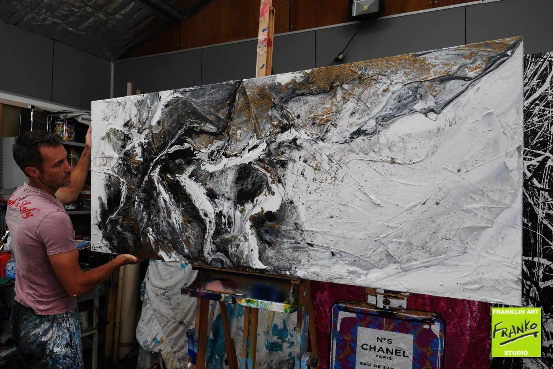 Fluid Rush 200cm x 80cm Black Gold White Grey Textured Abstract Painti