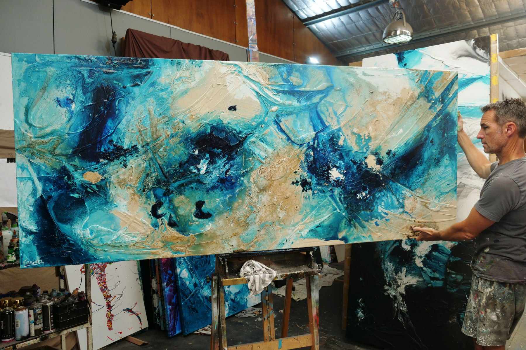 Oceans 240cm x 100cm Teal Cream Textured Abstract Painting (SOLD)