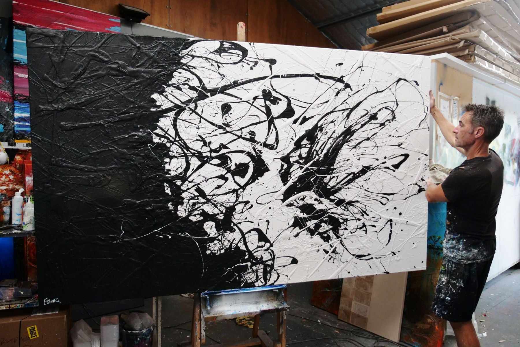 Skittled 250cm x 150cm Black White Textured Abstract Painting (SOLD)